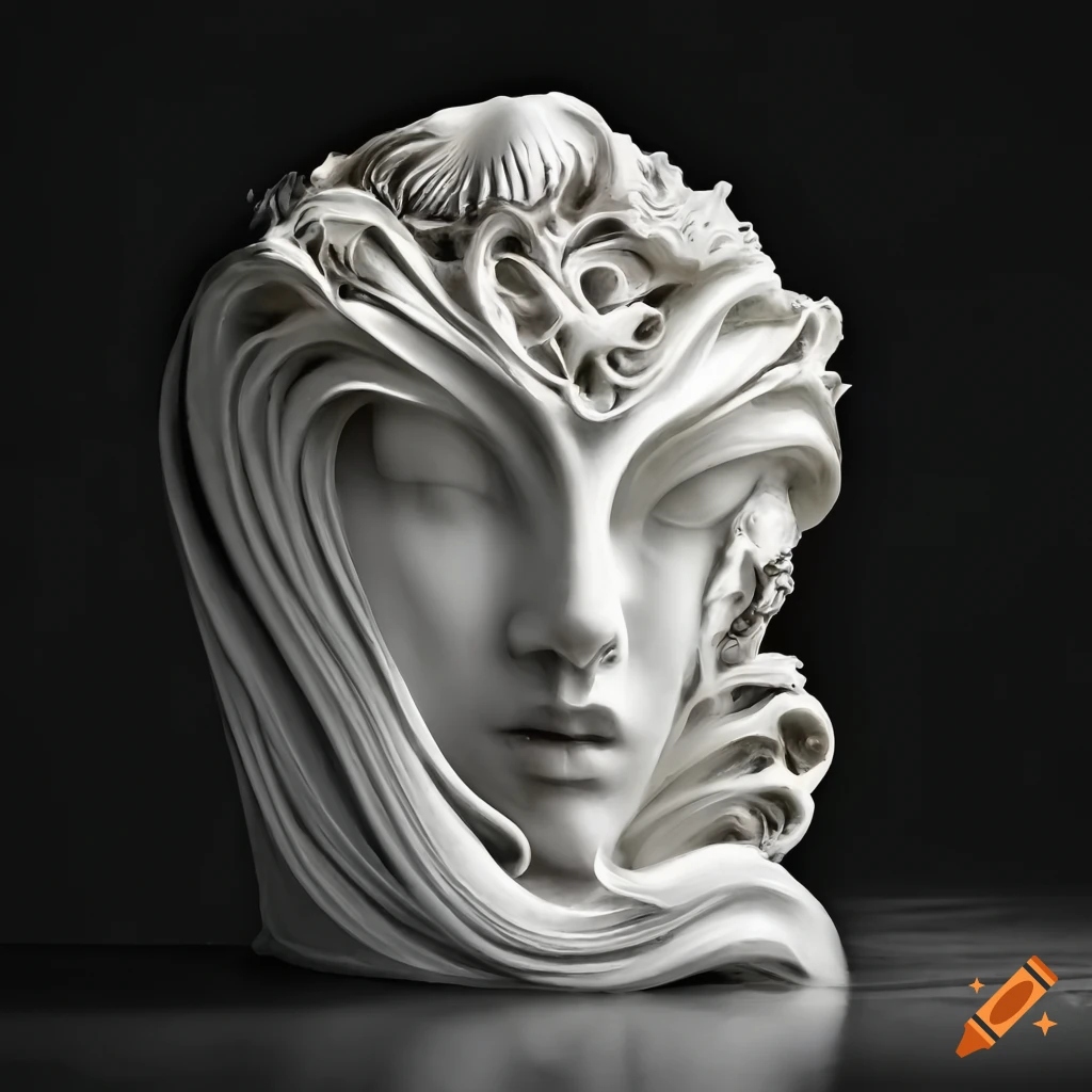 Surreal marble sculpture of art nouveau geometry and a stylized long narrow human face of ...