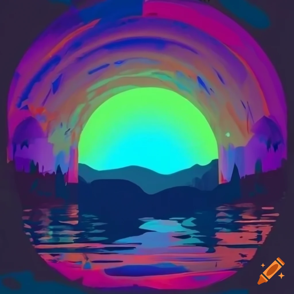 Nature landscape sunset with cyberpunk elements green an blue colors