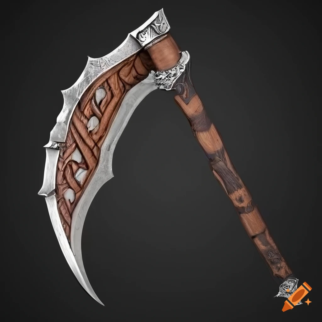 Futuristic scythe, blade from damascus steel, hilt in walnut with ...