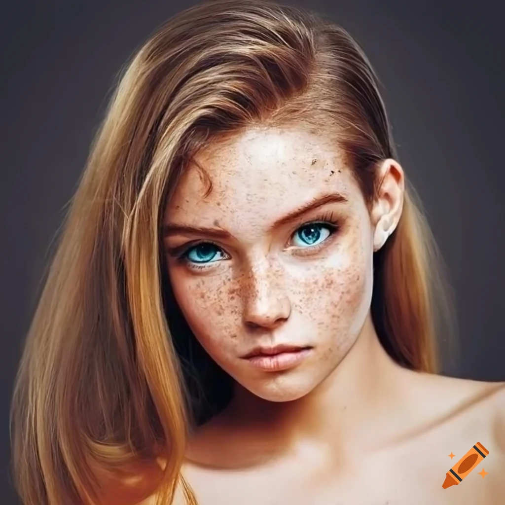 Beautiful young woman shoulder-length tawny hair slight freckles