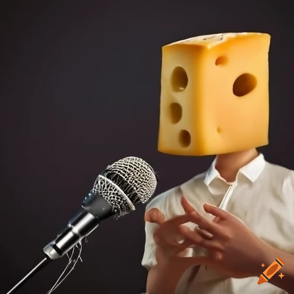 A human disguised as a cheese, in front of a microphone on Craiyon