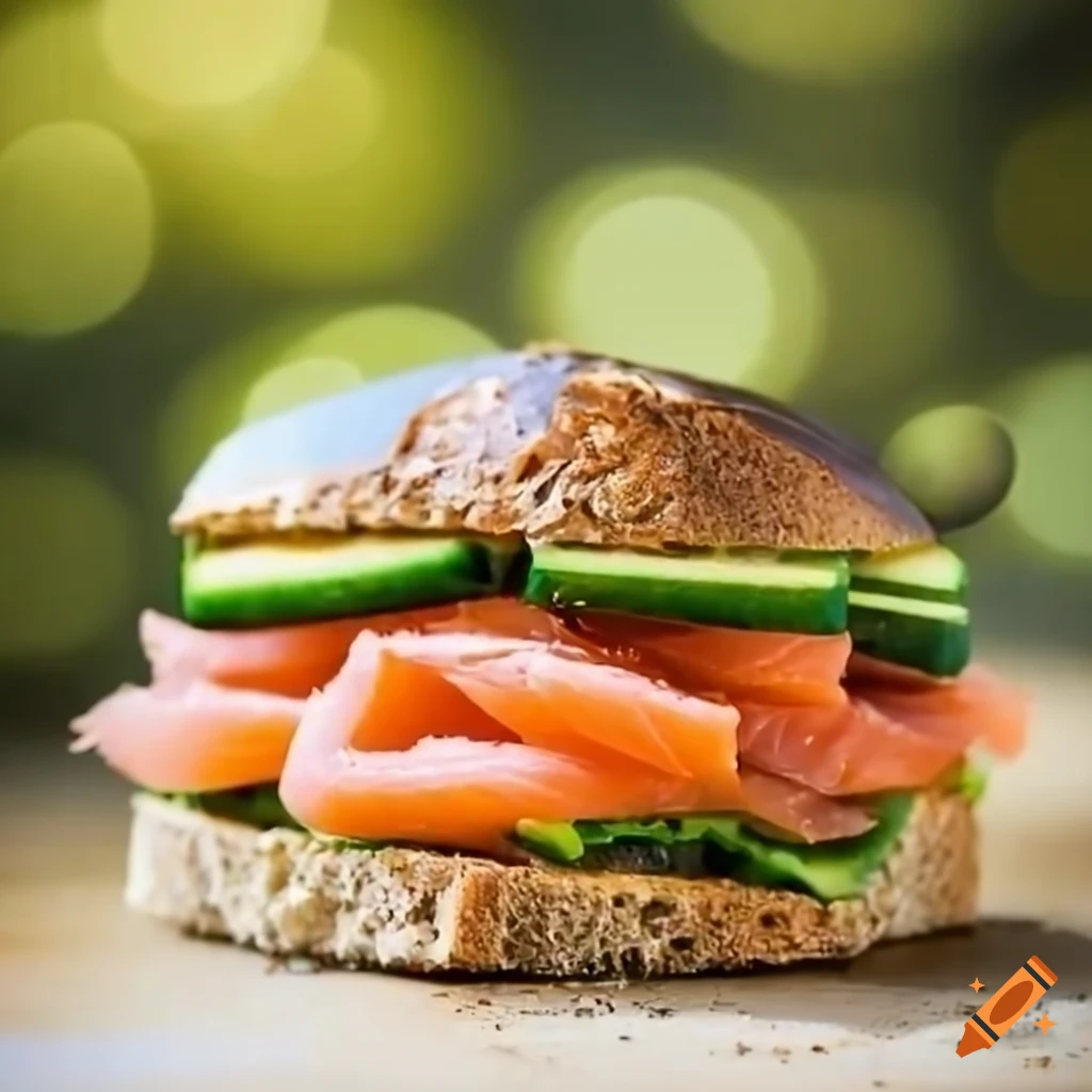 Closed sandwich with salmon, avocado and cucumbers