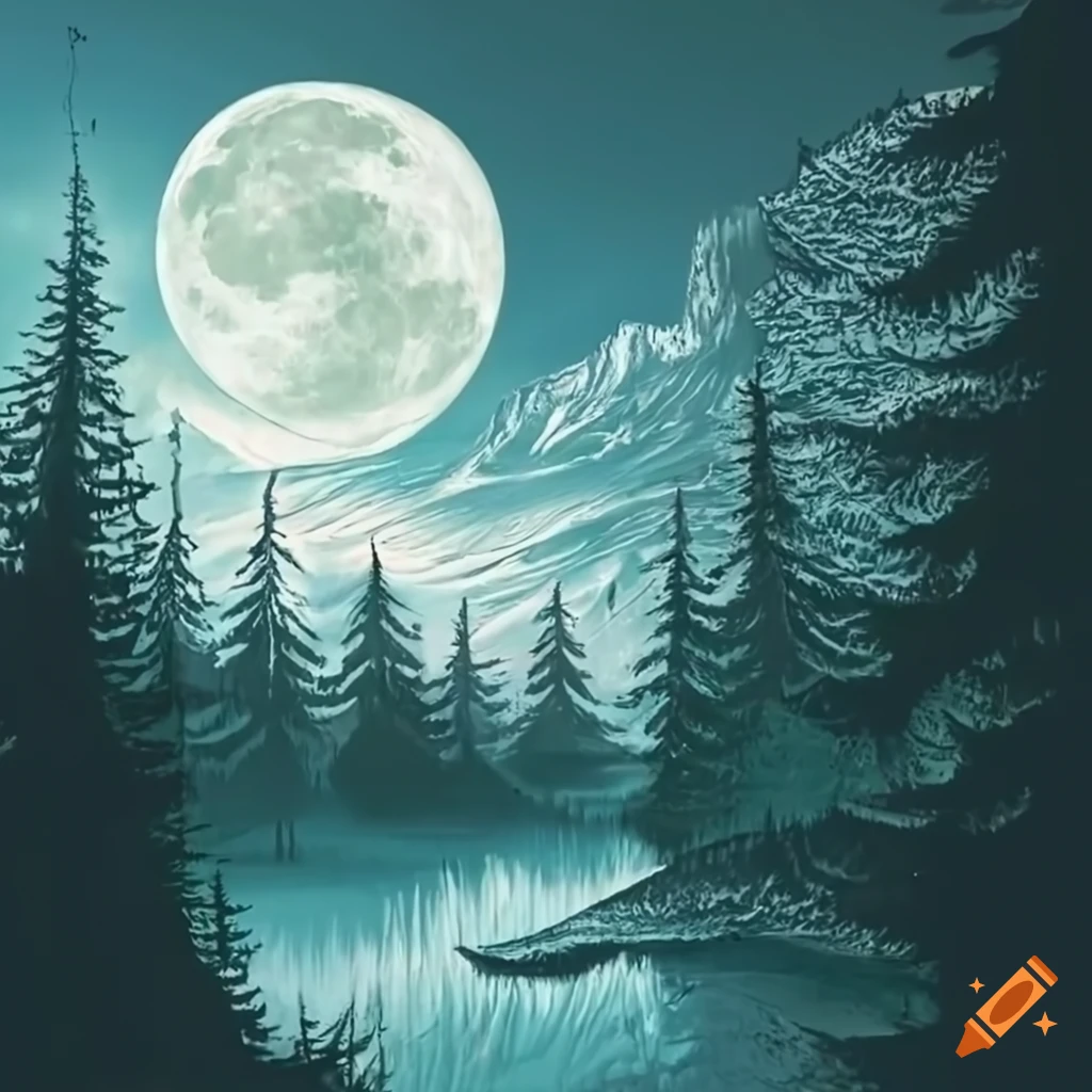 Moonlit mountain covered in evergreen forest