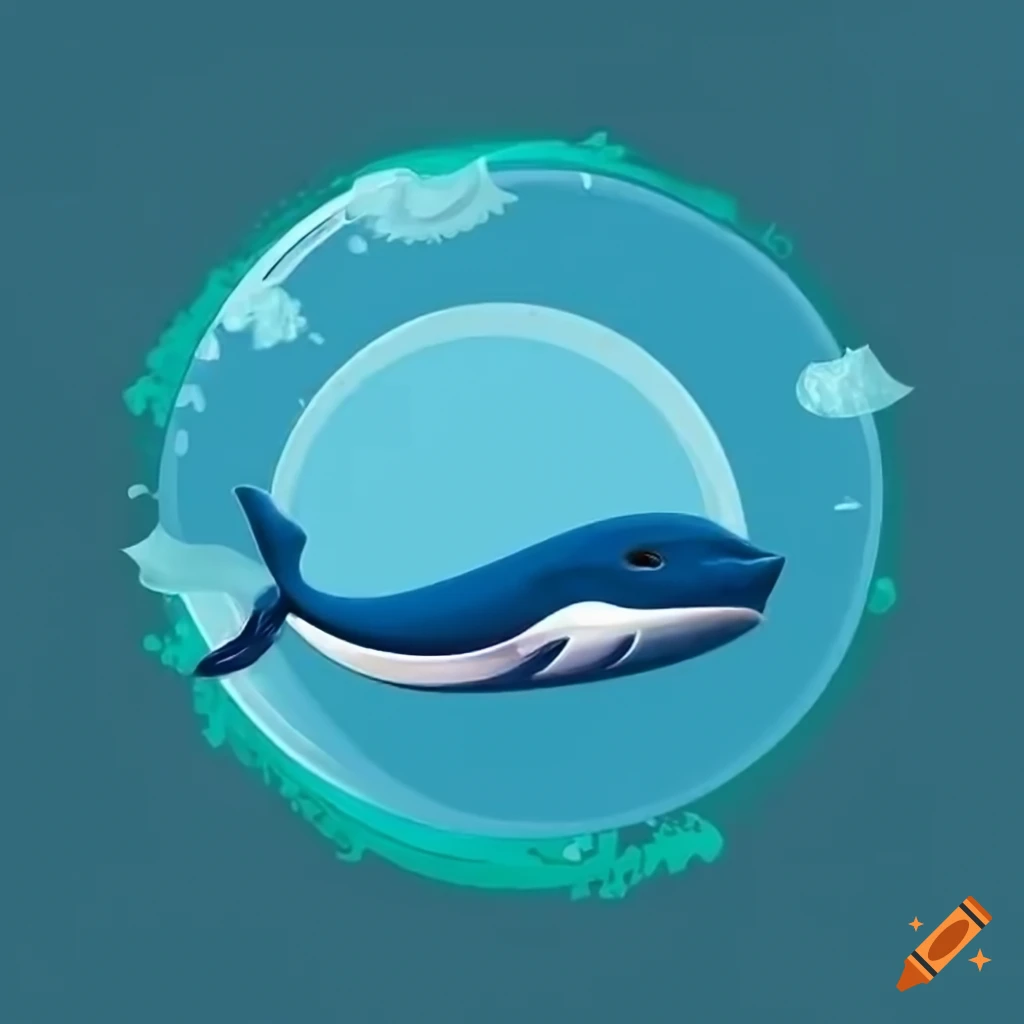 Blue whale in sea of crypto coins, logo