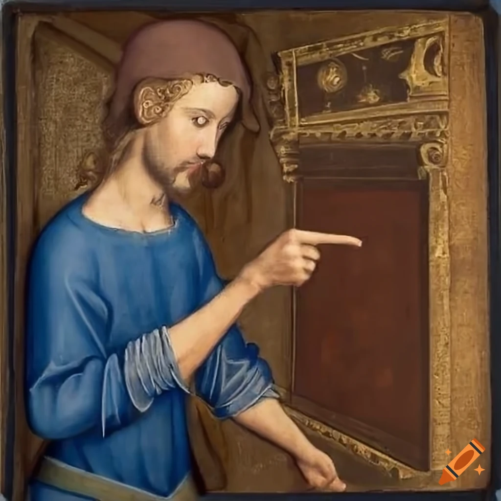 Medieval painting of a guy pointing at a box on Craiyon