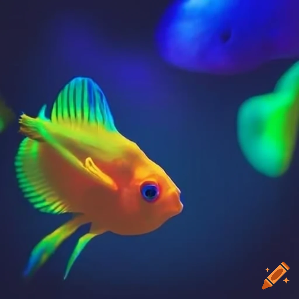 A fluorescent fish with bright colors swimming in the dark on Craiyon
