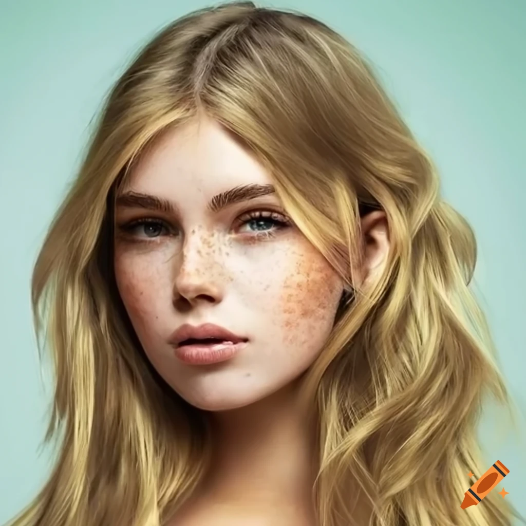 Beautiful young woman shoulder-length blonde hair slight freckles on ...