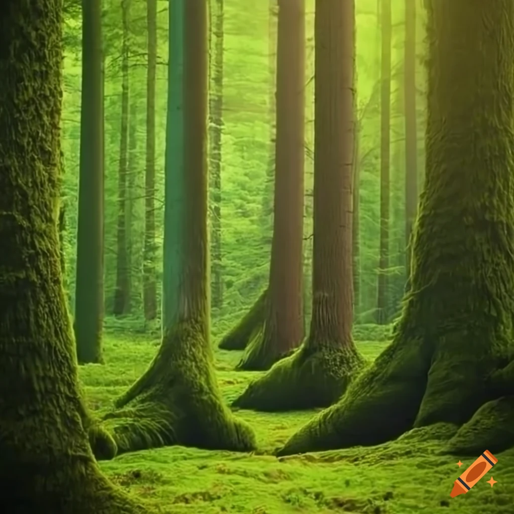 A dense forest with big trees covered by moss