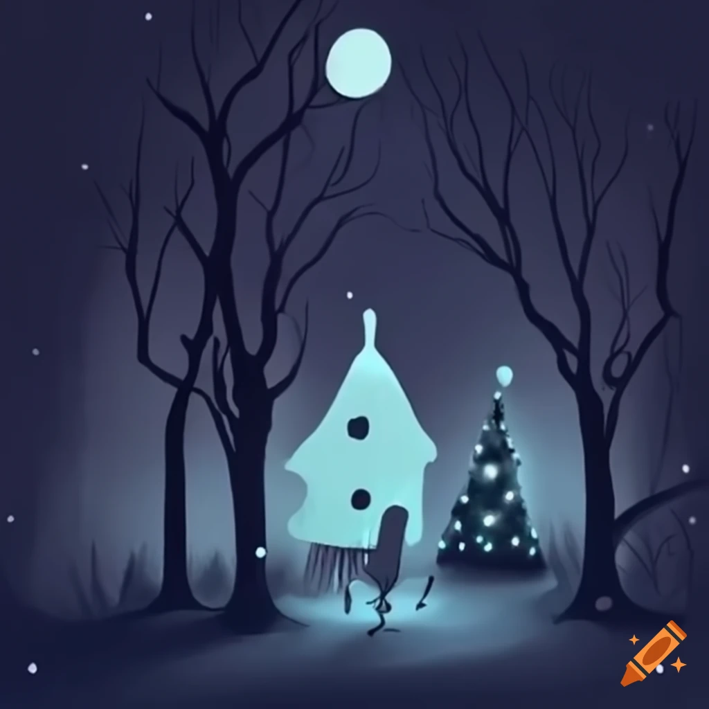 Minimalist tim burton-esque christmas scene