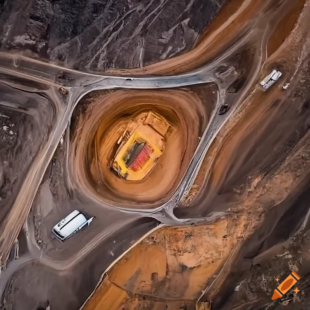 Aerial view mining dump truck circulating through a mine reaching an ...