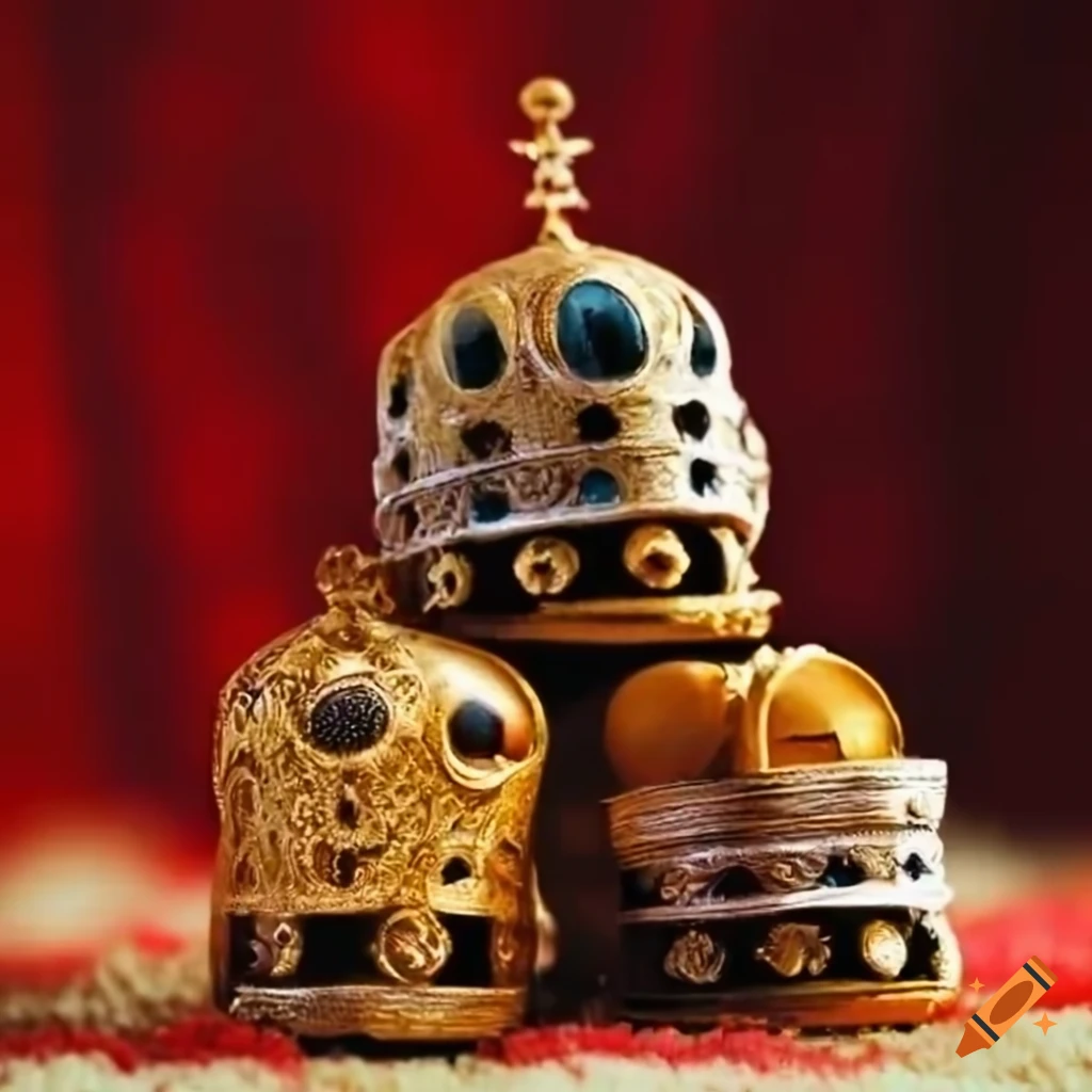 Stack of old-fashioned crowns on bright carpet