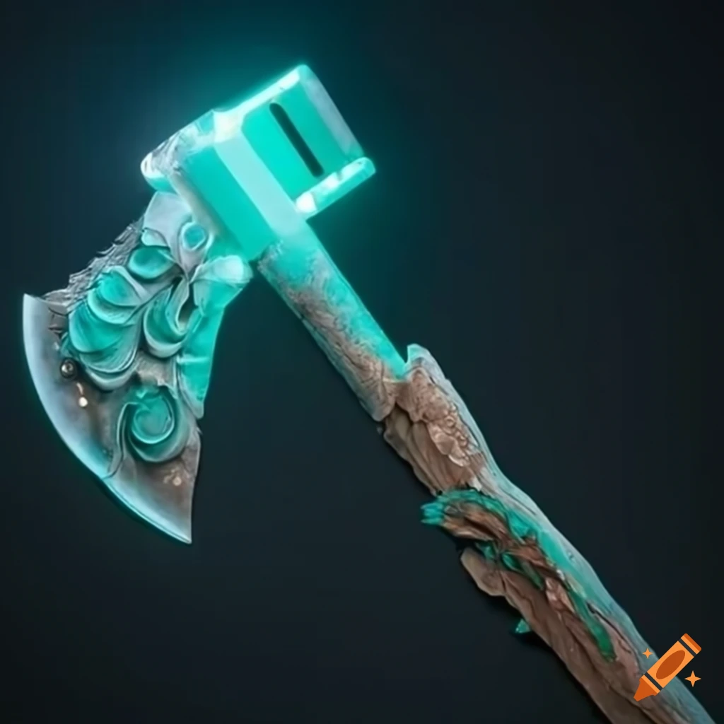A glowing, white and teal, robotic axe made from magical plants and ...