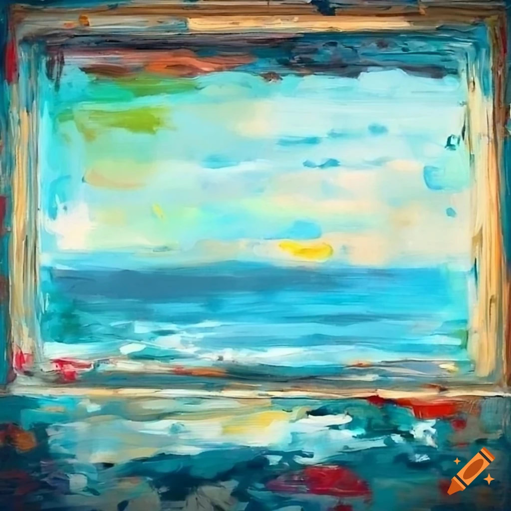 Abstract painting,very large strokes, a view from an open wooden window ...