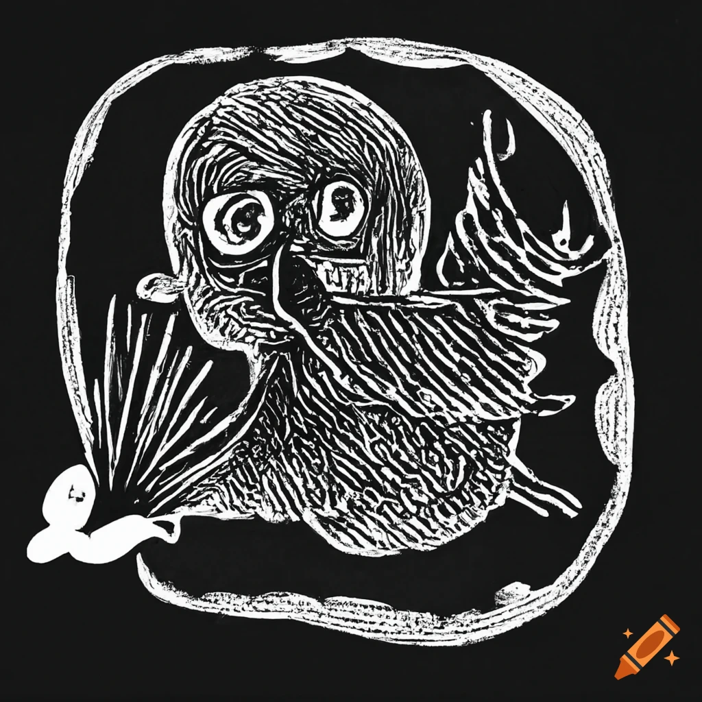 Bird yelling a big speech bubble, chalk drawing in style of egon ...