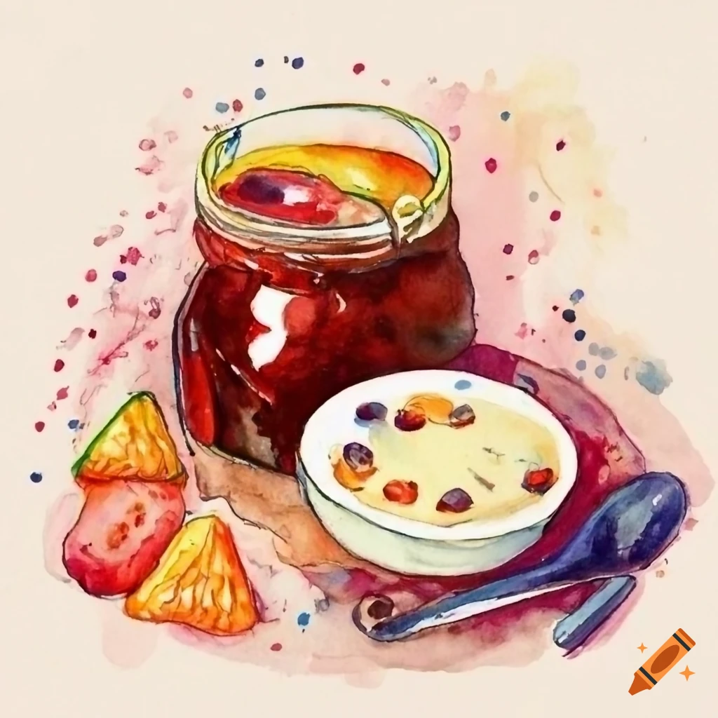 Painted in watercolor. draw breakfasts with milk, fruit and cereals and ...