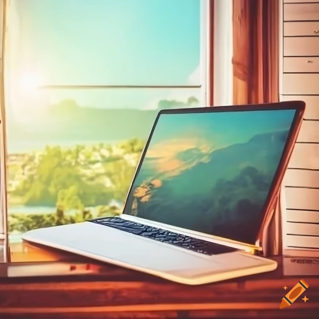 Laptop in front of a window with beautiful view on Craiyon