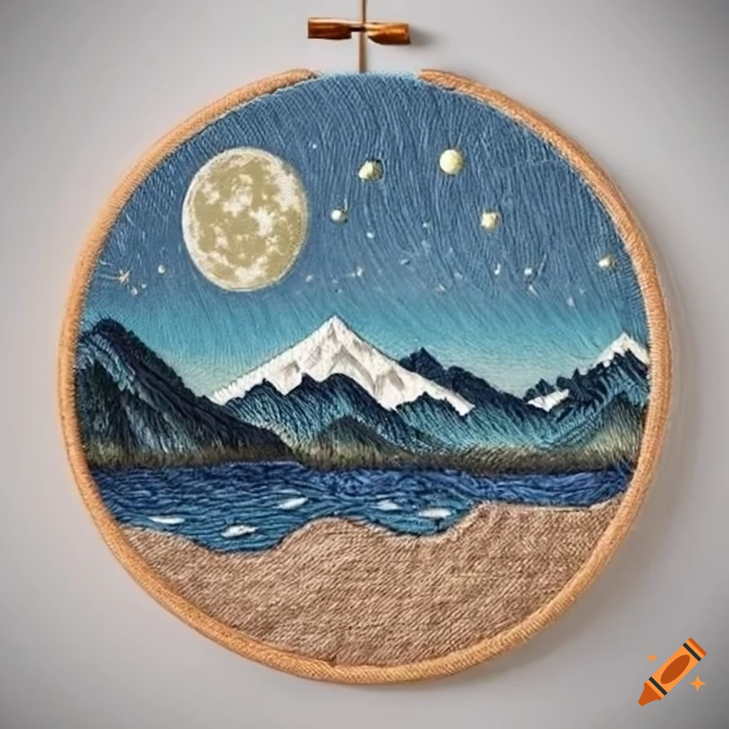 Round Embroidery of mountains and river and moon on Craiyon