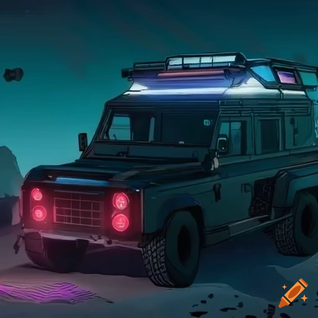 Cyberpunk Defender 110 in the desert in the style of Laurie Greasley on ...