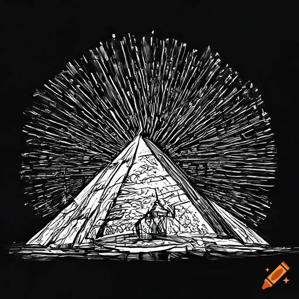 A complec spaceship in front of a black pyramid, style of moebius on ...