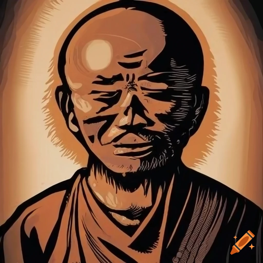 A woodcut of tibetan monk wearing traditional vest, monochrome ...