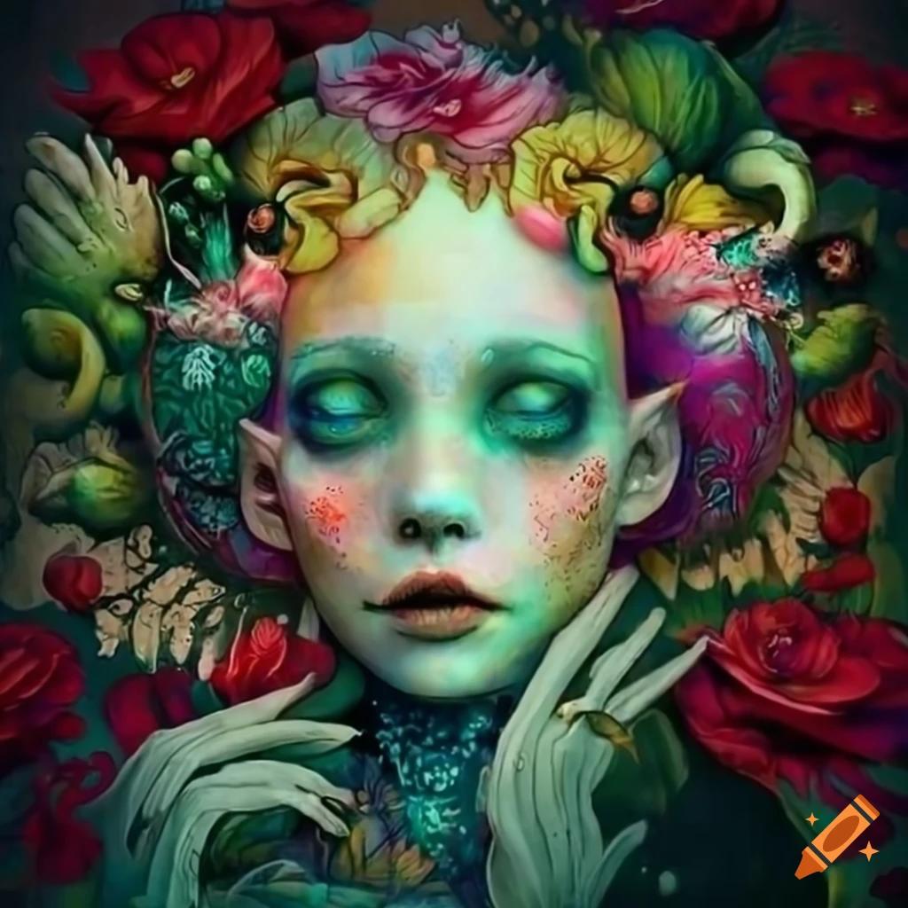 Sophie surréalisme rouquine grimoires créatures fleurs