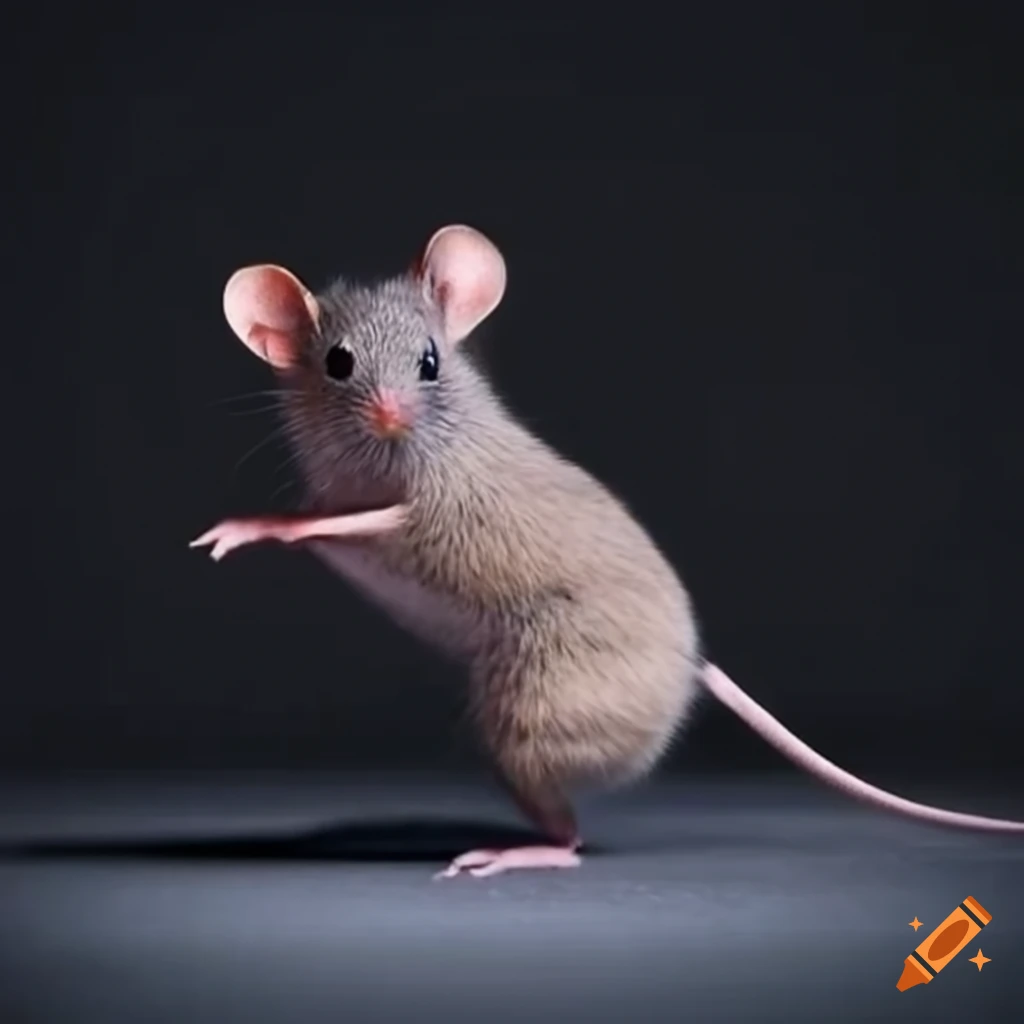 A mouse seen from the backside, stands on its hind legs