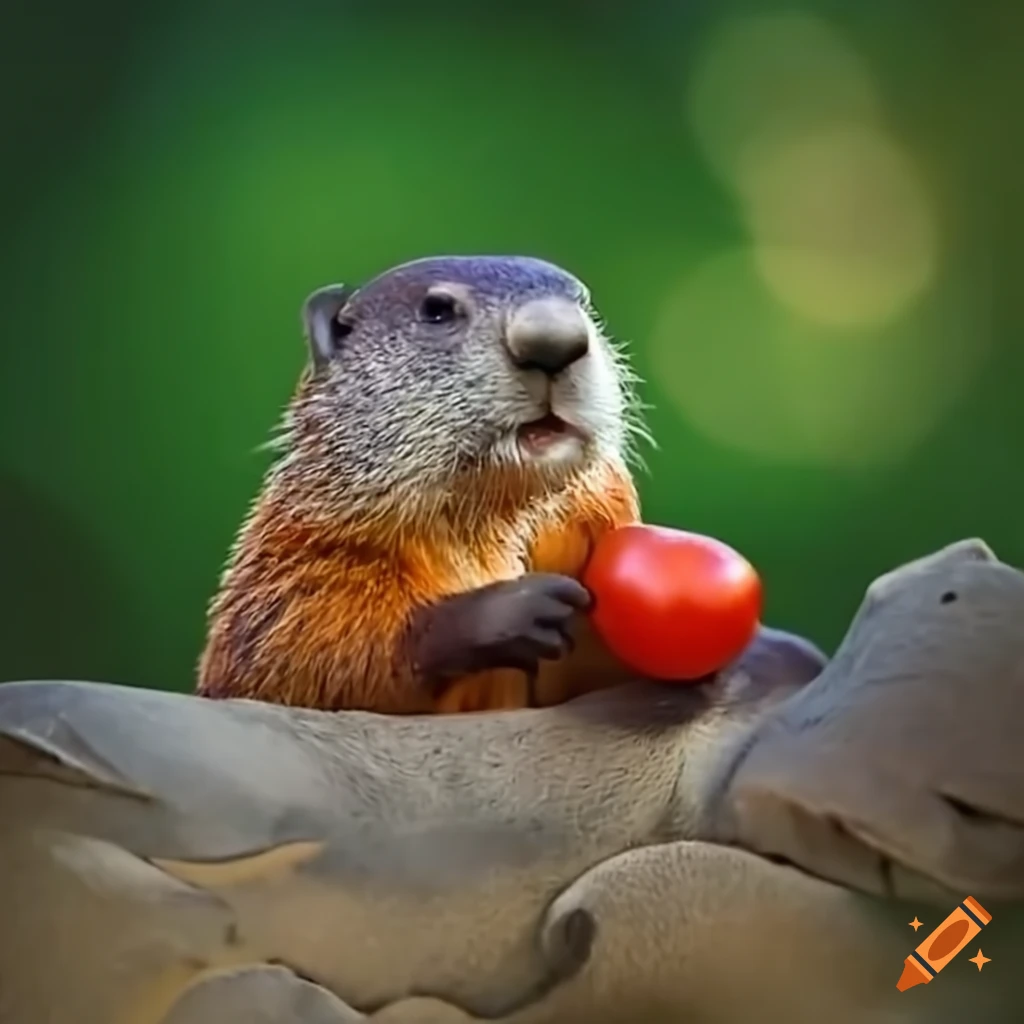 A chubby groundhog enjoying a red tomato in the garden on Craiyon