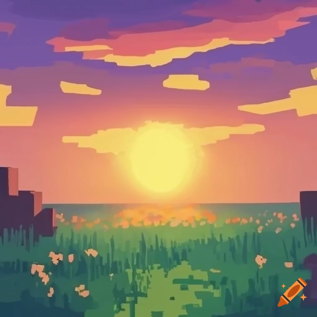 Background:meadow in sunset similar to minecraft biome. art style ...
