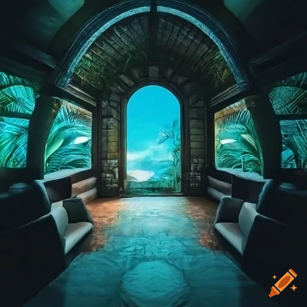 90's style interior design, view from inside a superadobe house, sci-fi ...