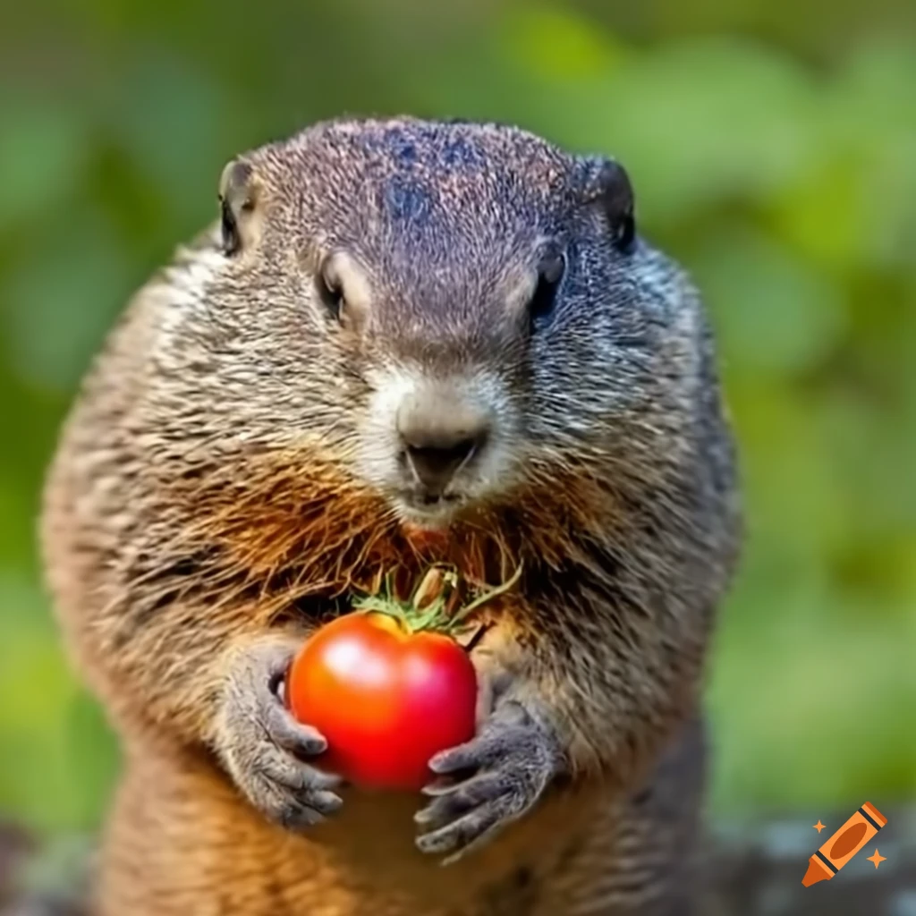 A chubby groundhog enjoying a red tomato in the garden