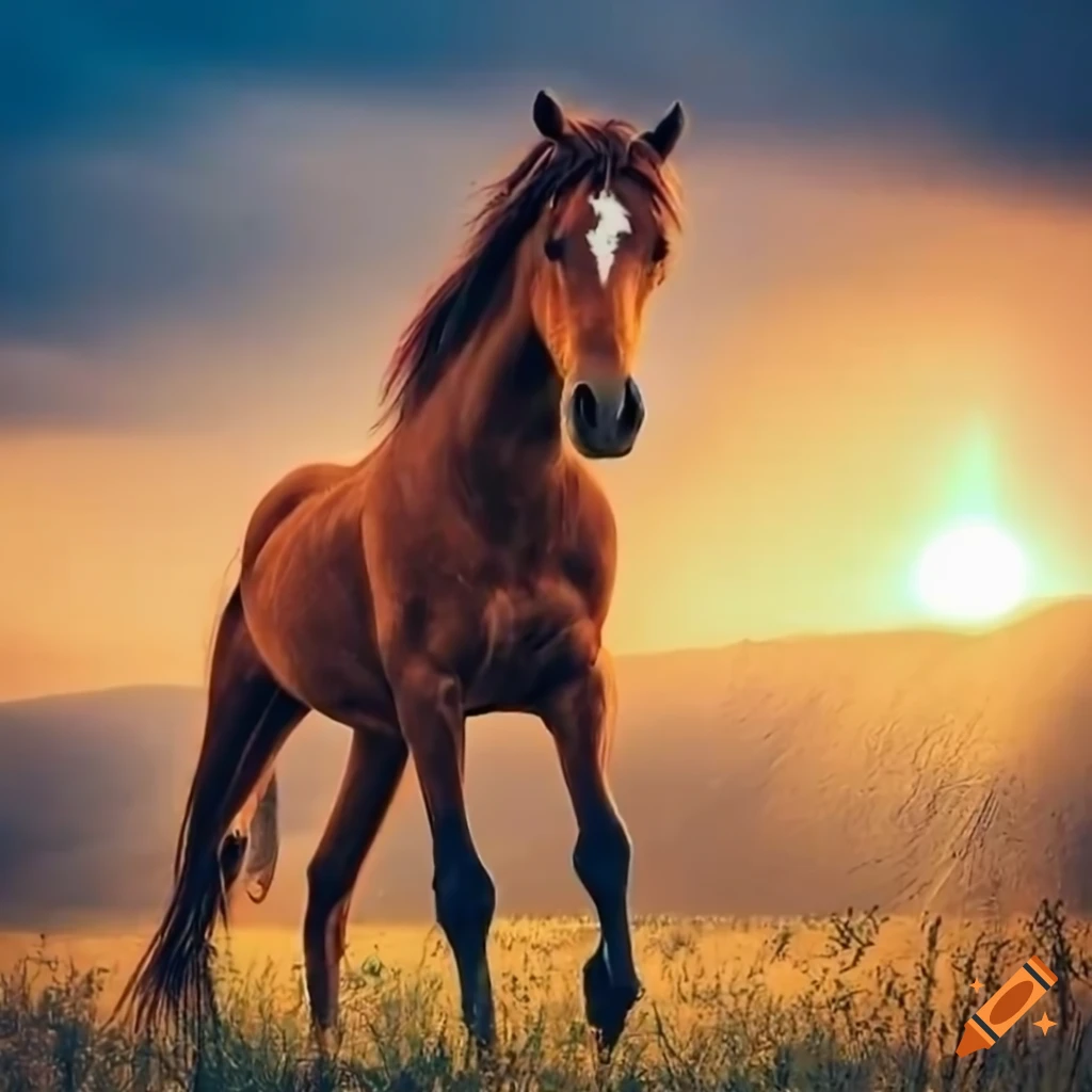 Horse standing on two legs in a stunning natural landscape, lots of ...