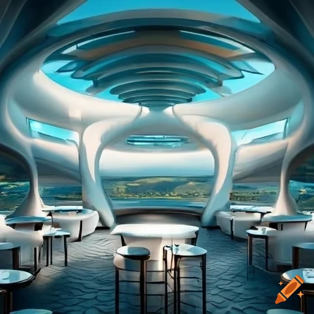 Futuristic restaurant, high end details, natural on Craiyon