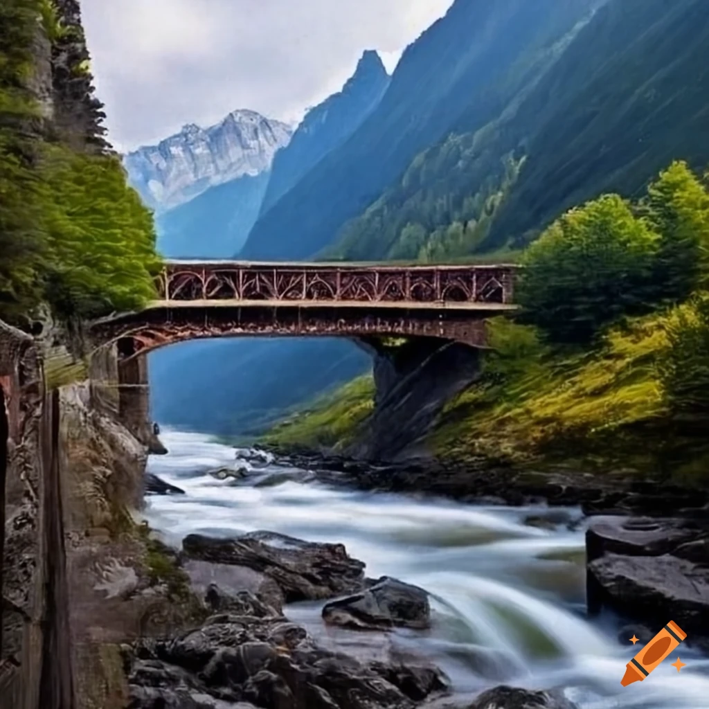 A mountainous landscape with a steam train on a bridge under which a ...