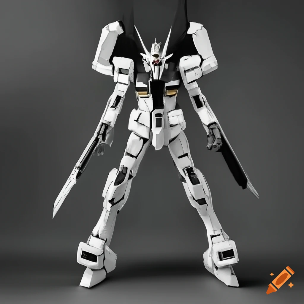 Glossy black and white monochromatic gundam in a dynamic action pose