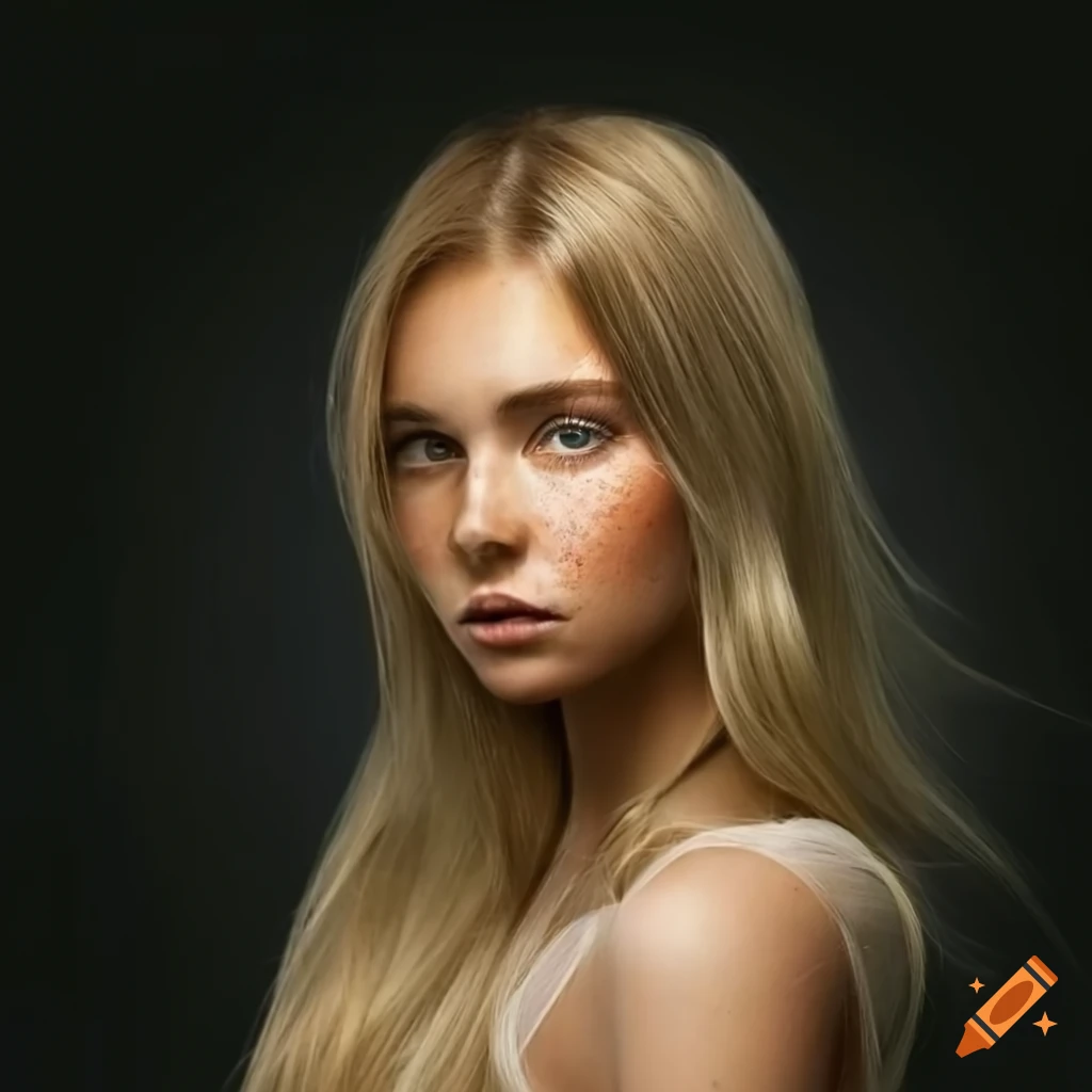 Beautiful young woman shoulder-length blonde hair slight freckles