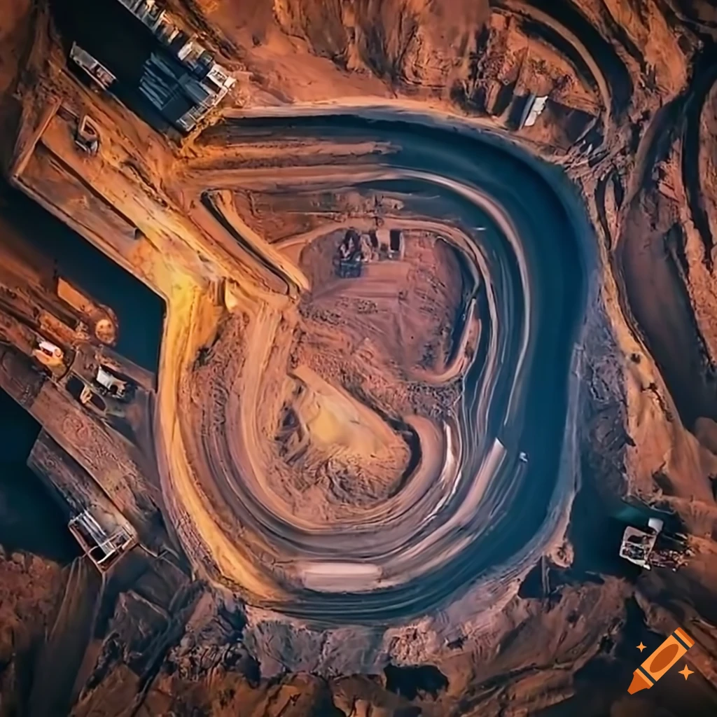 Aerial view mining dump truck circulating through a mine reaching an ...