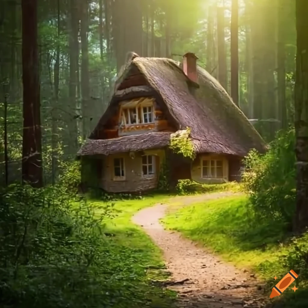 A cute cottage in the forest with a dirt path leading up to the cottage ...