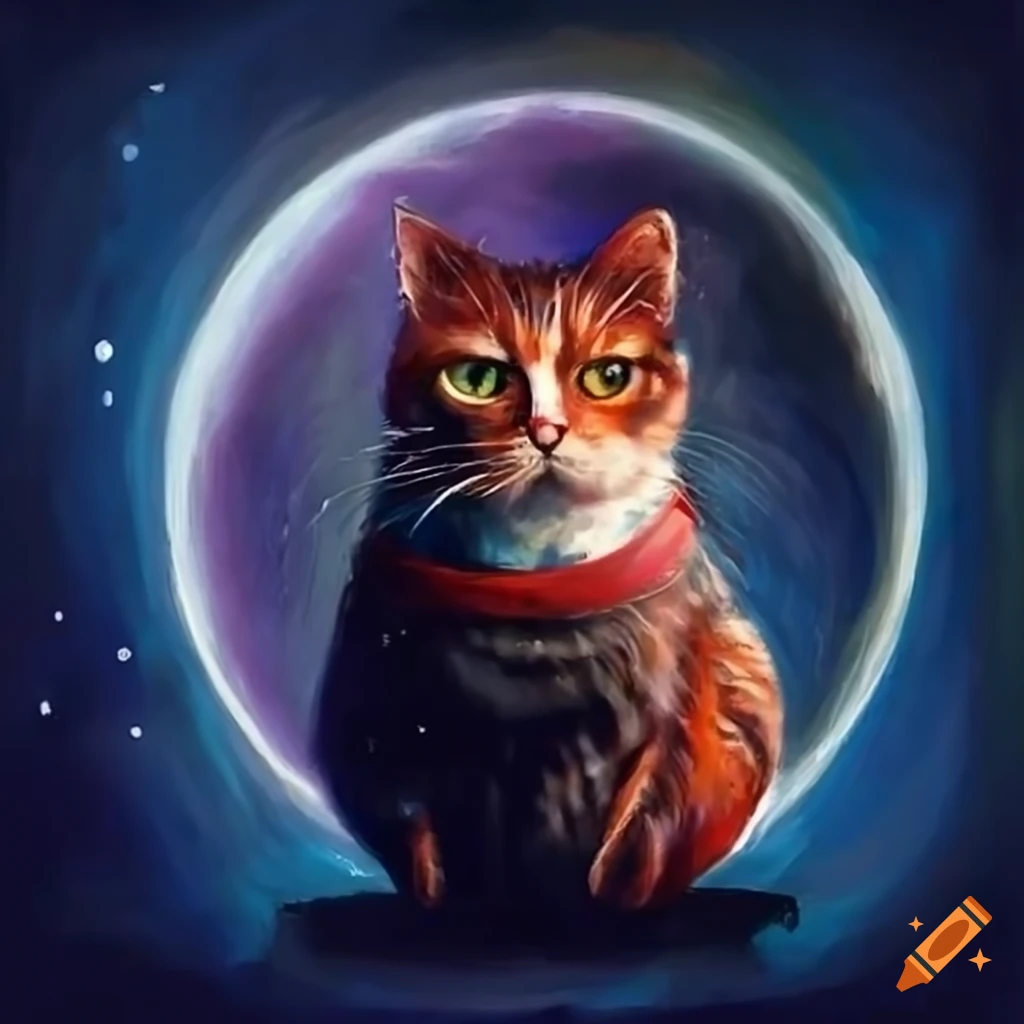 Painting a cat on moon with red hair