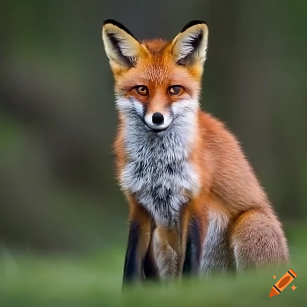 A detailed photo of a fox sitting in the grass facing the camera on Craiyon