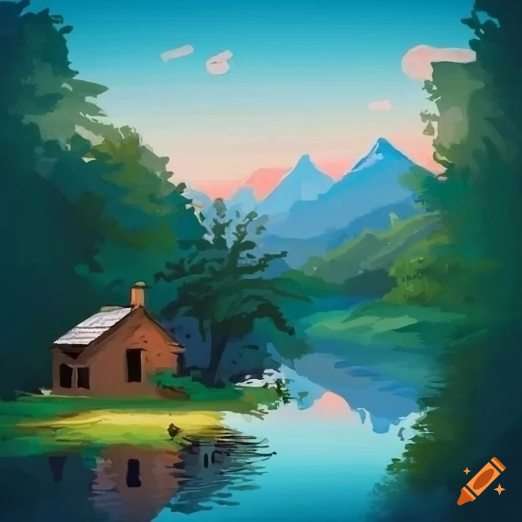 Nice water color scenery with a river mountains and birds, a small ...