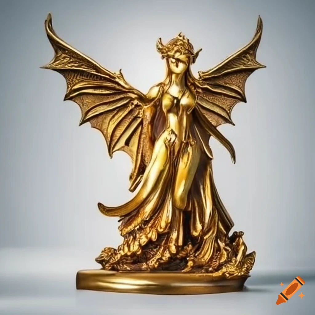 Gold statue of a regal woman with dragon wings