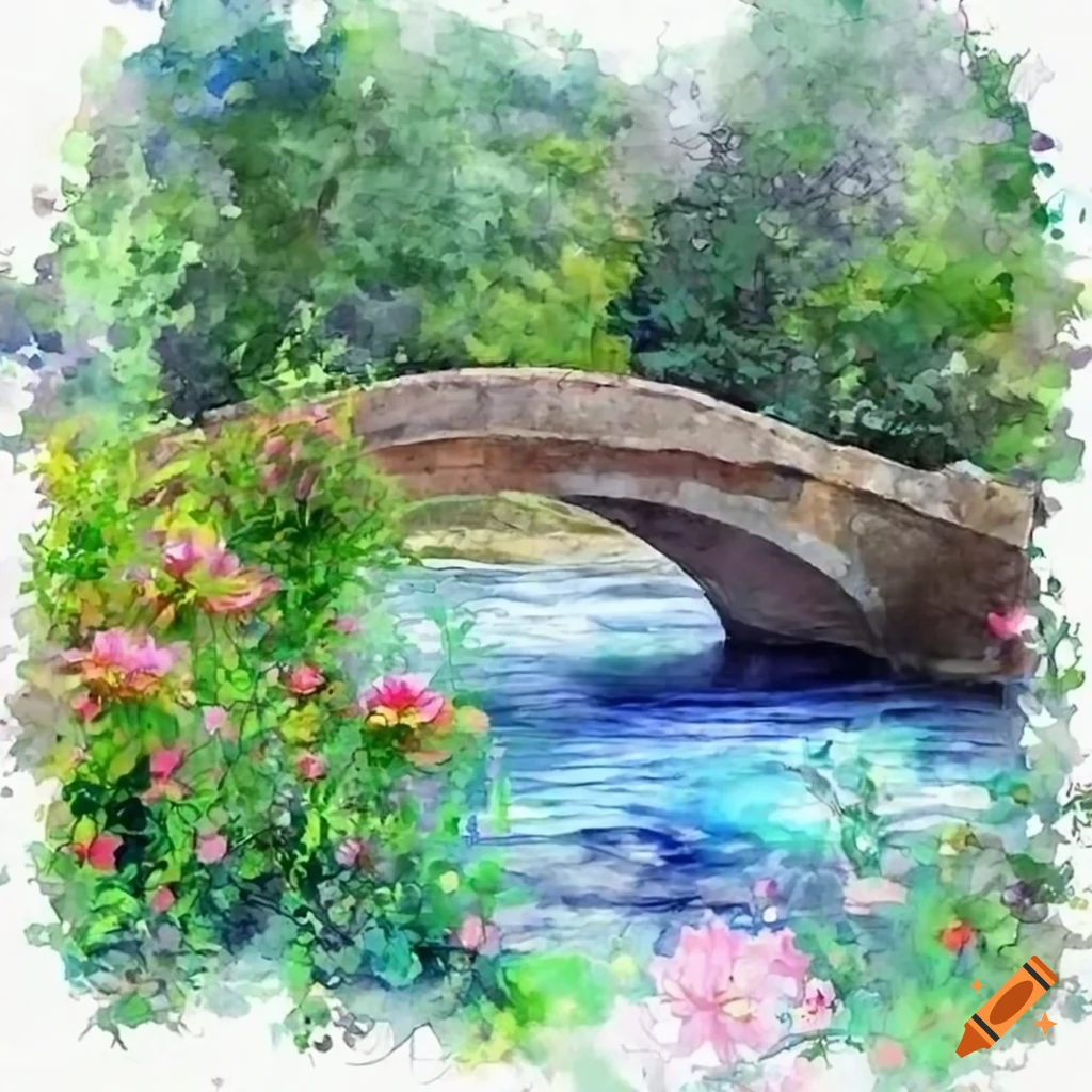 Painted in watercolor. draws an ancient single-span bridge with flowing ...
