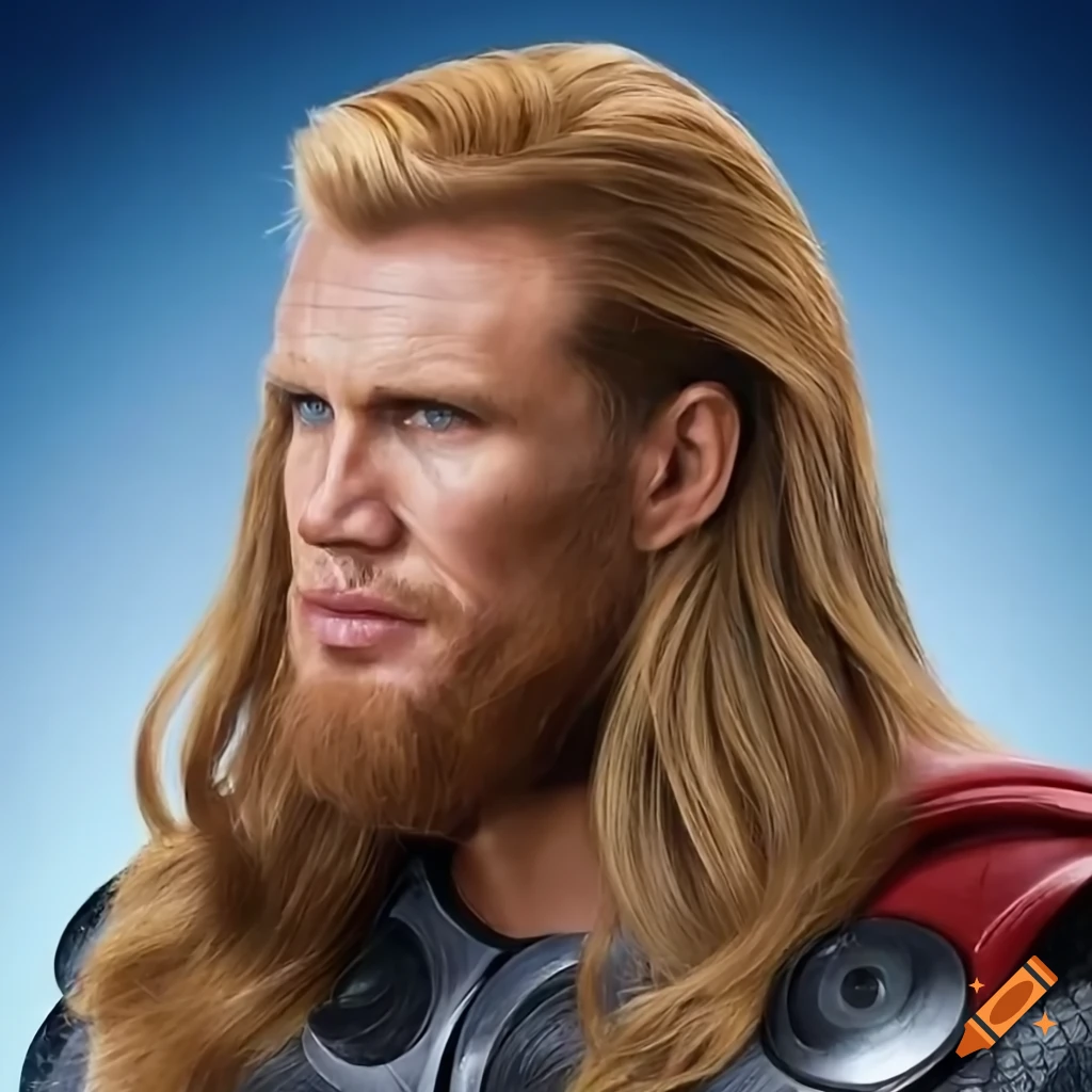 Photorealistic portrait of Dolph Lundgren as Thor with long auburn hair ...