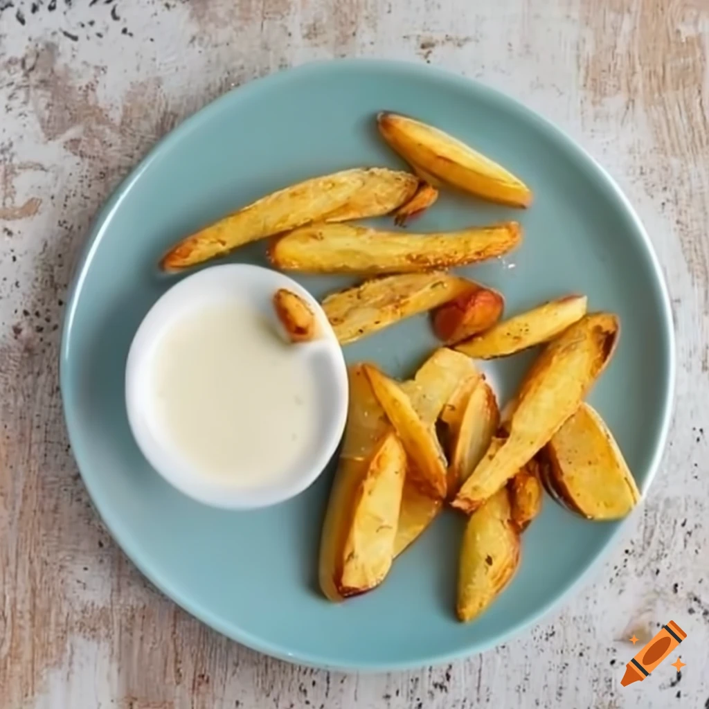 Potato wedges on a plate with white sauce on the side