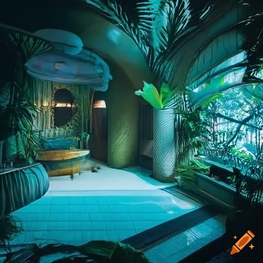 90's style interior design, view from inside a superadobe house, sci-fi ...