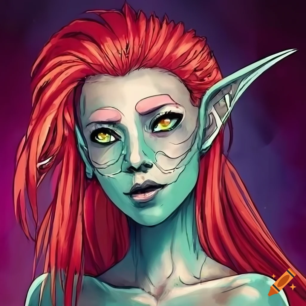 Portrait of a female deep sea elf with red hair and sharp teeth ...
