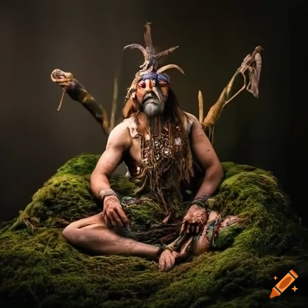 Ancient shaman sitting cross-legged and holding a staff near the bottom ...