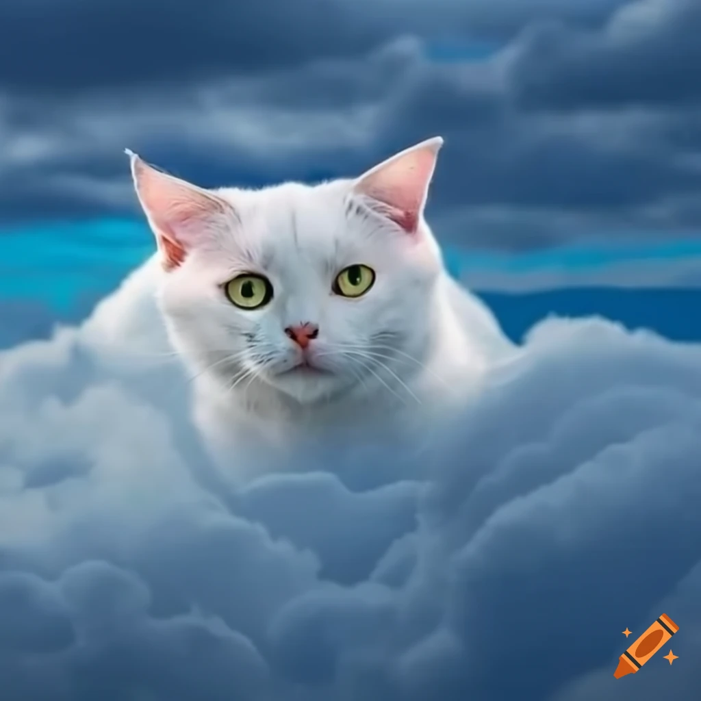Gato blanco con alas grandes volando en un cielo azul con nubes como ...