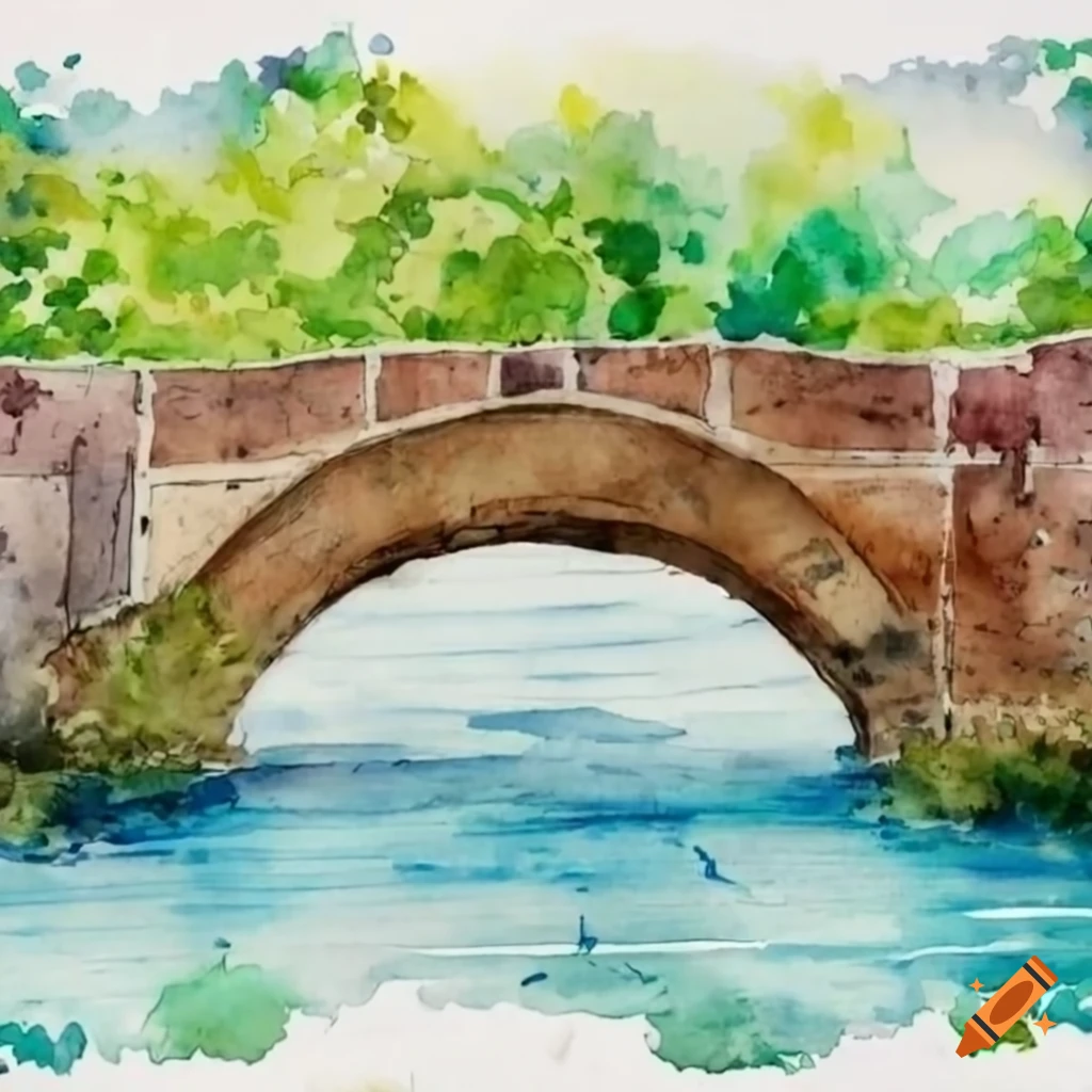 Painted in watercolor. draws an ancient single-span bridge with flowing ...