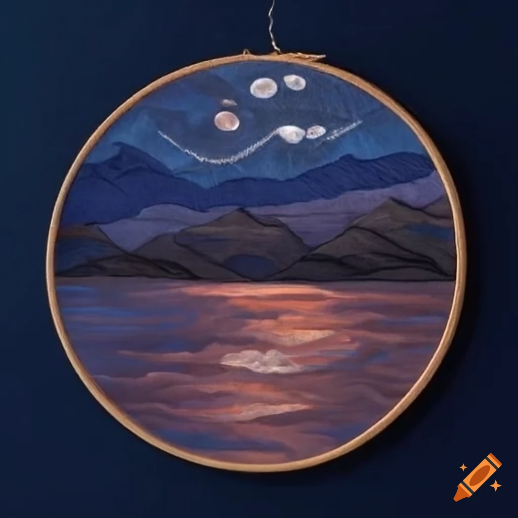Round embroidery of mountains and river and moon
